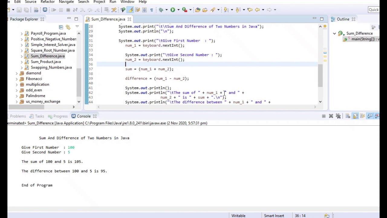 Sum and Difference of Two Numbers in Java