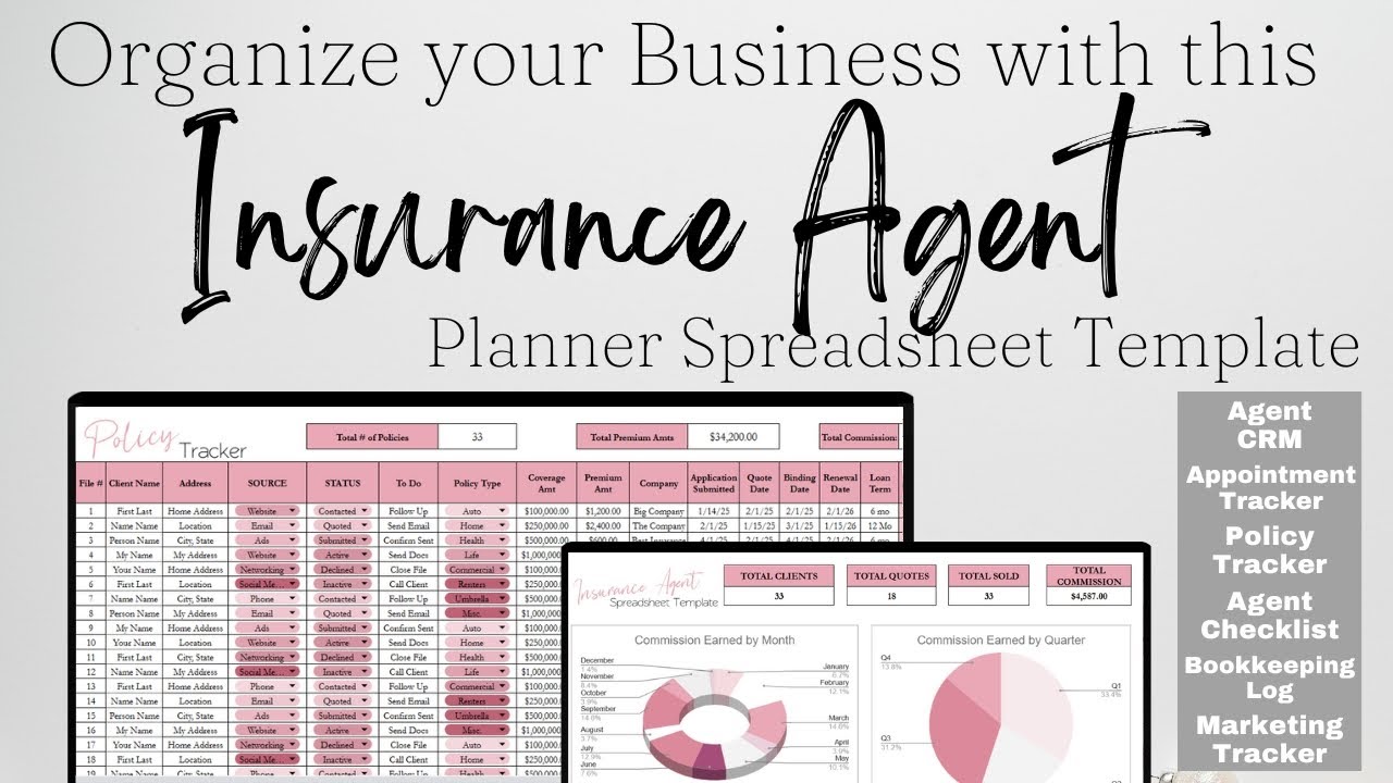 Insurance Agent Business Template Bundle Google Sheet, Excel Appointment Tracker, Bookkeeping & More