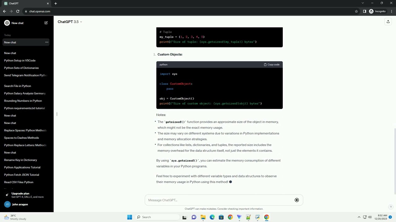 python size of a variable