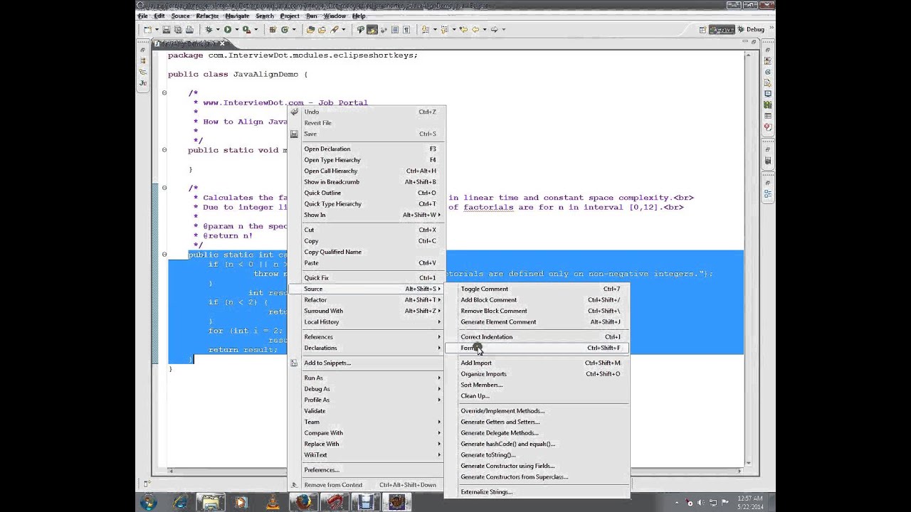 ALIGN JAVA CODE IN ECLIPSE DEMO
