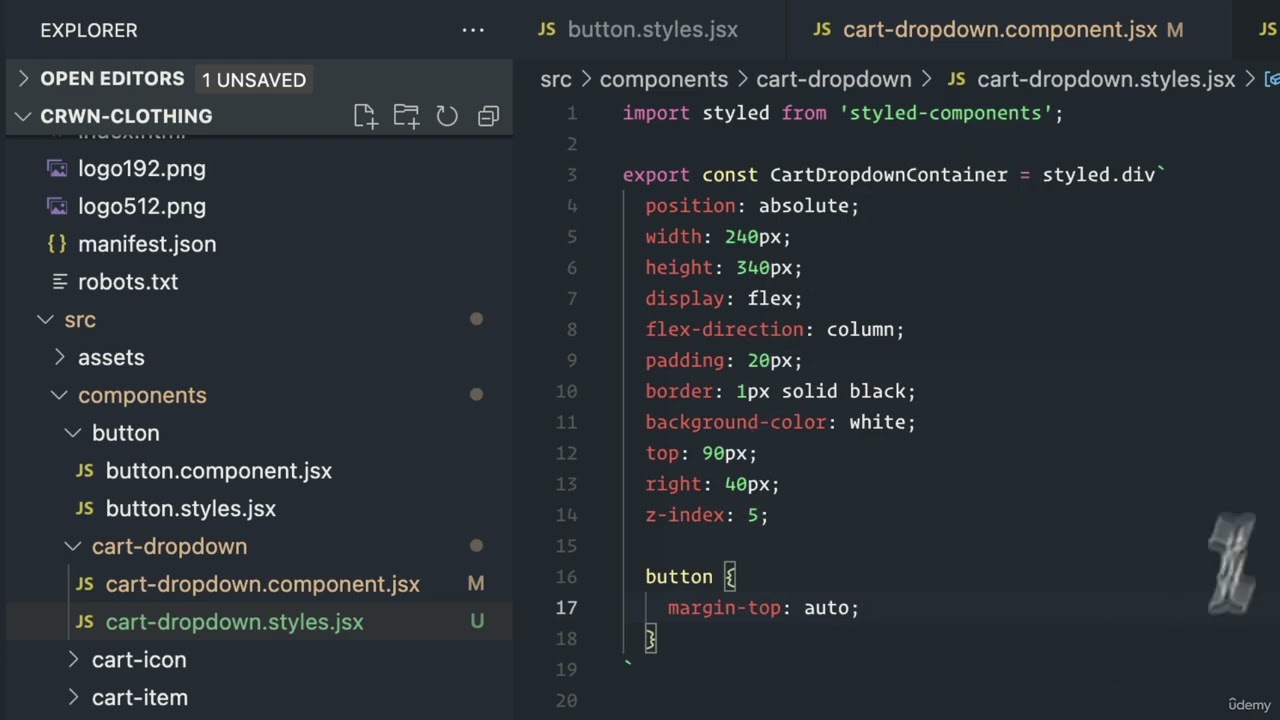11 CSS-In-JS + Styled-Components - 004 Styled Component   Cart Dropdown