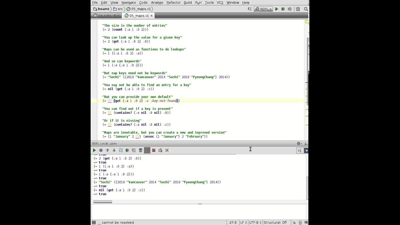 Clojure Koans 5 - Maps