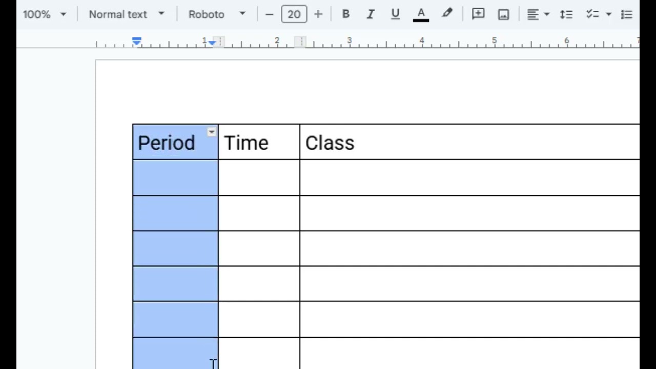 Part One - Class Schedule   Table in Google Docs