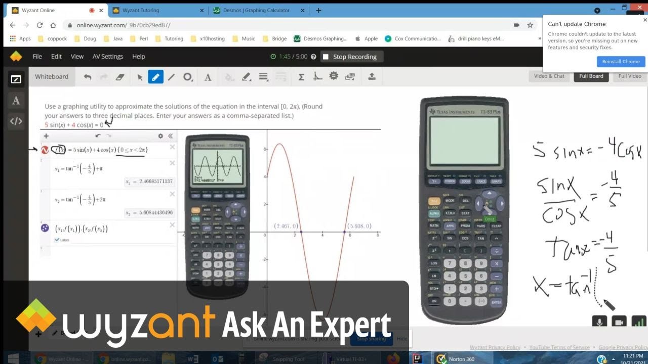 Solve a trig equation using a graphing calculator.