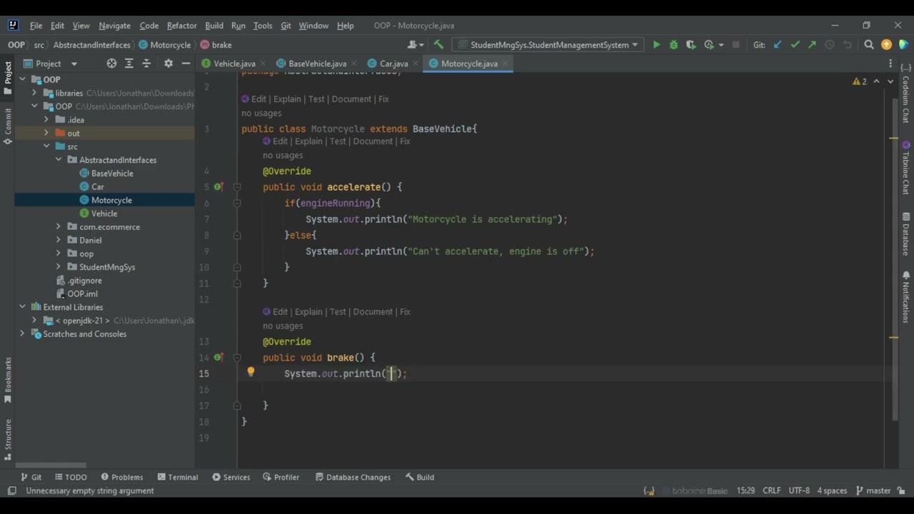 Java Vehicle Management System - Interface, Abstract Class & Concrete Classes! 🚗🏍️