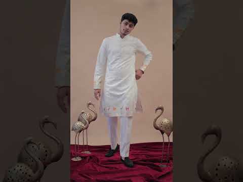 Whitish Hand woven Worked Animal Designed Ready to wear Men' s kurta