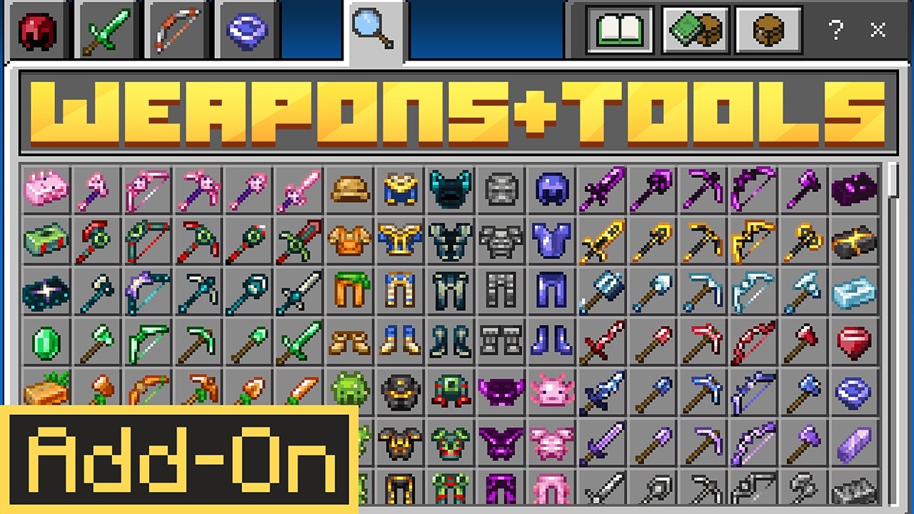 WEAPONS + TOOLS ADDON Adds 15 NEW Ores to Minecraft Bedrock Survival with 100+ Tools!