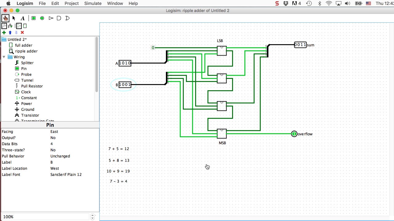 Logisim: Examples using a 4-bit adder