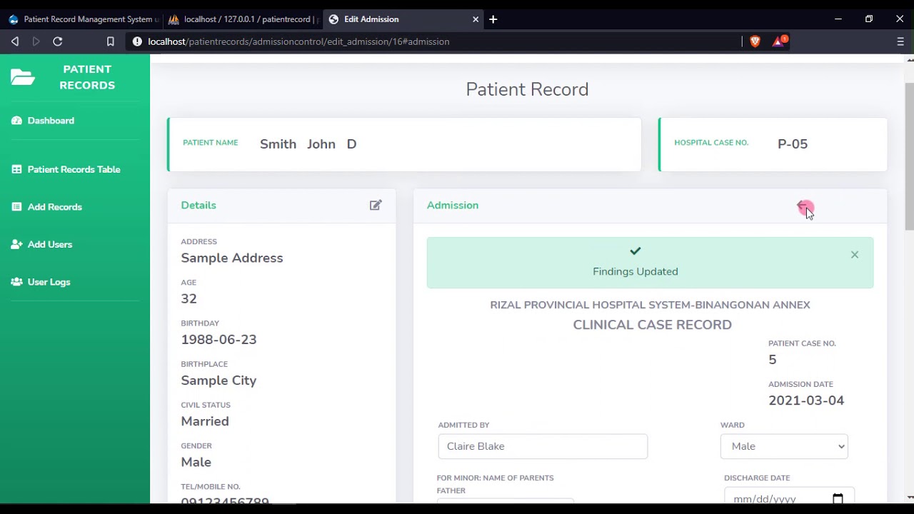 Patient Record Management System using PHP CodeIgniter Demo