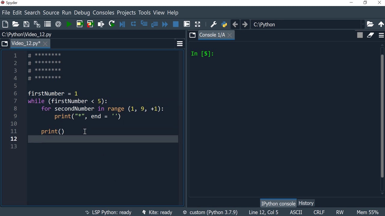Python 12: Nested while loops to print a square shape using asterisks (*)