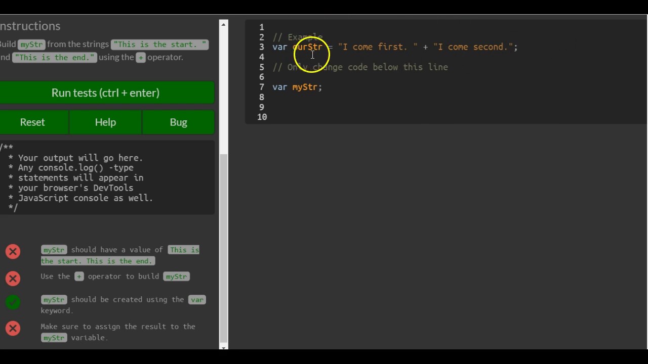 Concatenating Strings with Plus Operator, freeCodeCamp Basic Javascript
