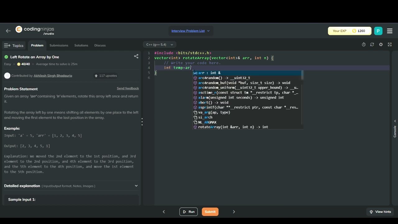 Left Rotate Array by one | Coding ninja |