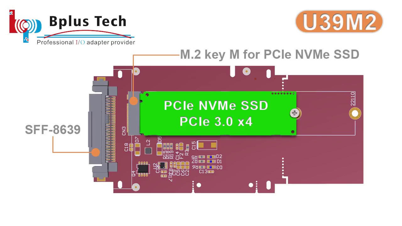 U39M2 (M.2 key M PCIe 3.0 x4 NVMe SSD to U.2 SFF-8639 Adapter Card)