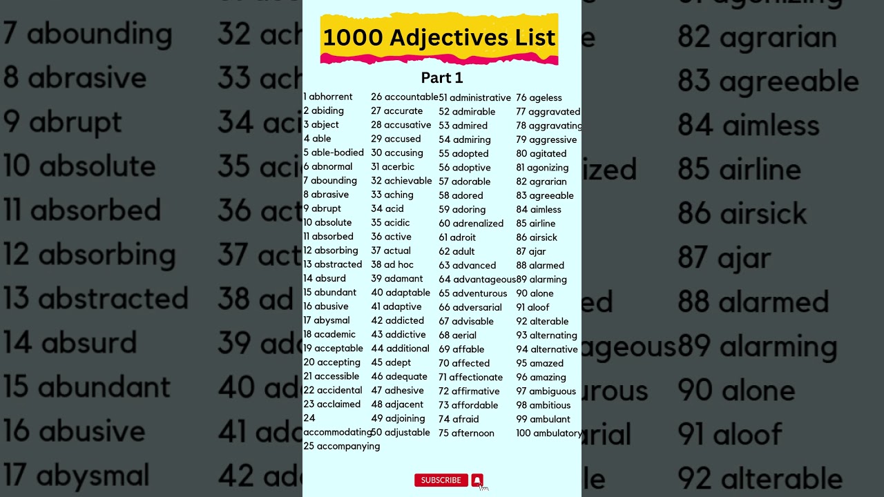 1000 Adjectives List, Part 1 #adjectives #adjective