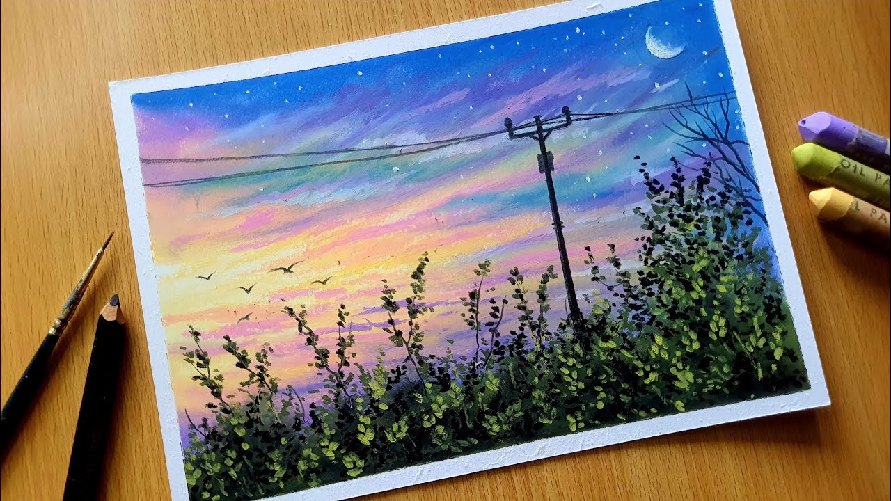 Oil Pastel Scenery Drawing for Beginners / DYNAMIC SUNSET  SKY / Oil Pastel Nature Drawing