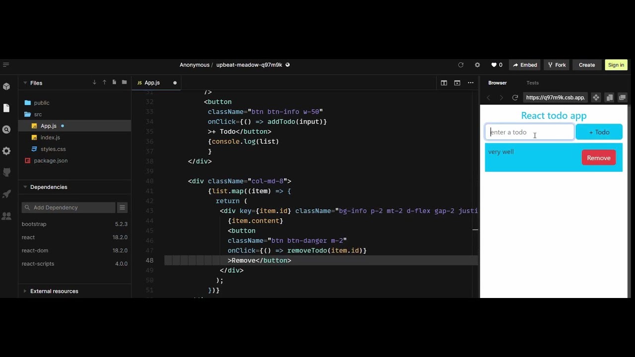 Simple Todo app in react (codesandbox )