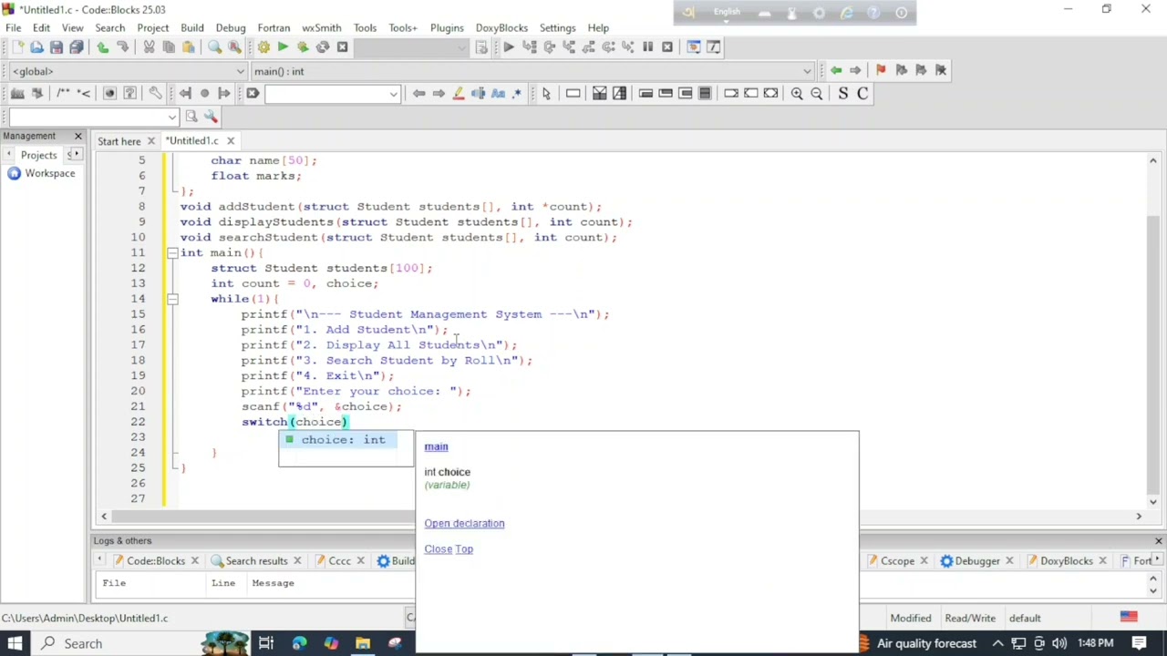 Project 2:Student Management System in C Programming | Add, Display & Search Students