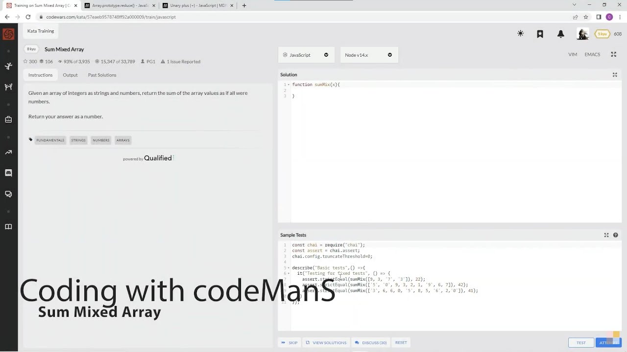 Codewars 8 kyu Sum Mixed Array JavaScript