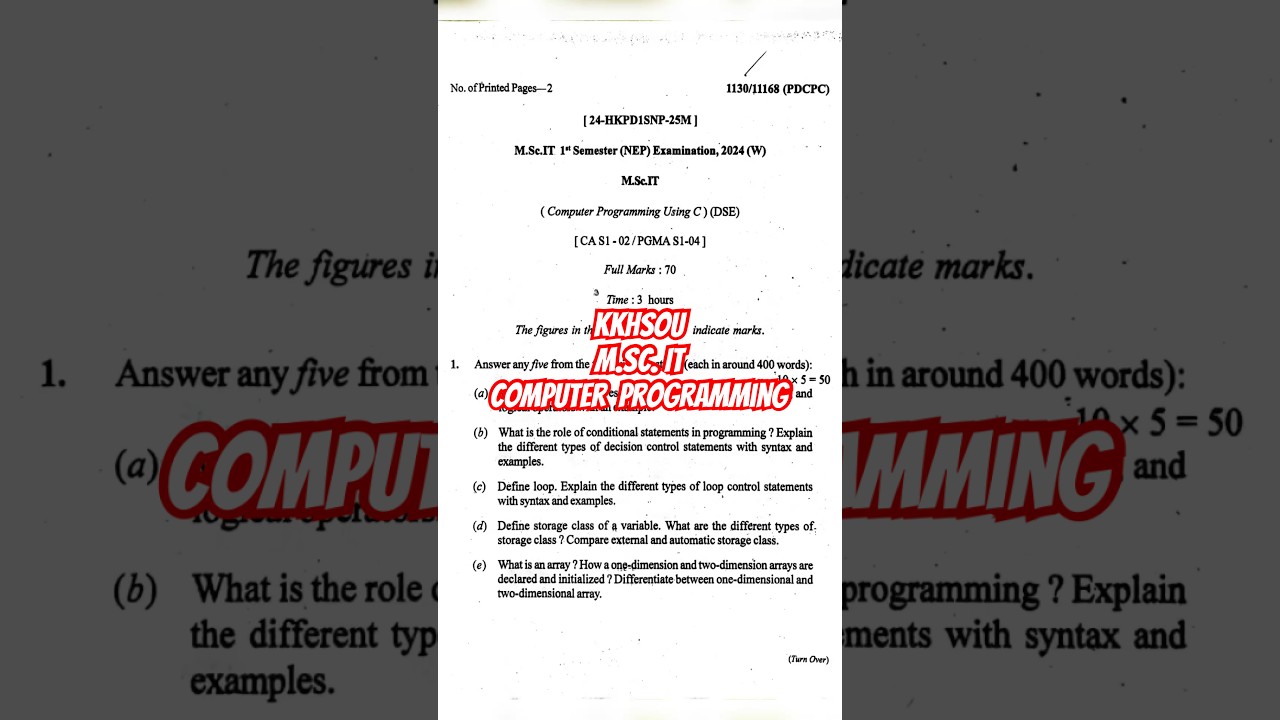 KKHSOU/ M. Sc. IT 1st/ Computer Programming/ #shorts #youtube #video #study #questionpaper #short