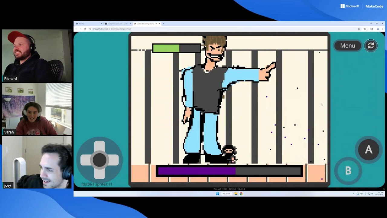 Playing Code Ninjas champions game jam games in MakeCode Arcade!