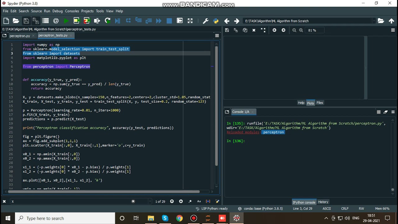 Perceptron ML Algorithm from Scratch method using Python