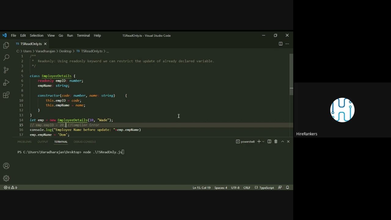Angular Tutorial - 38 | TypeScript Readonly | HireRankers