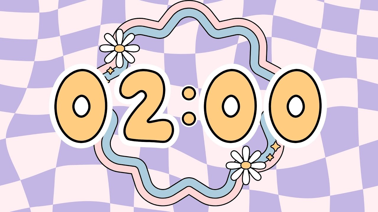 🌼2-Minute Timer | Purple Checkered Countdown with Daisies & Bell Sound⏳💜 4K