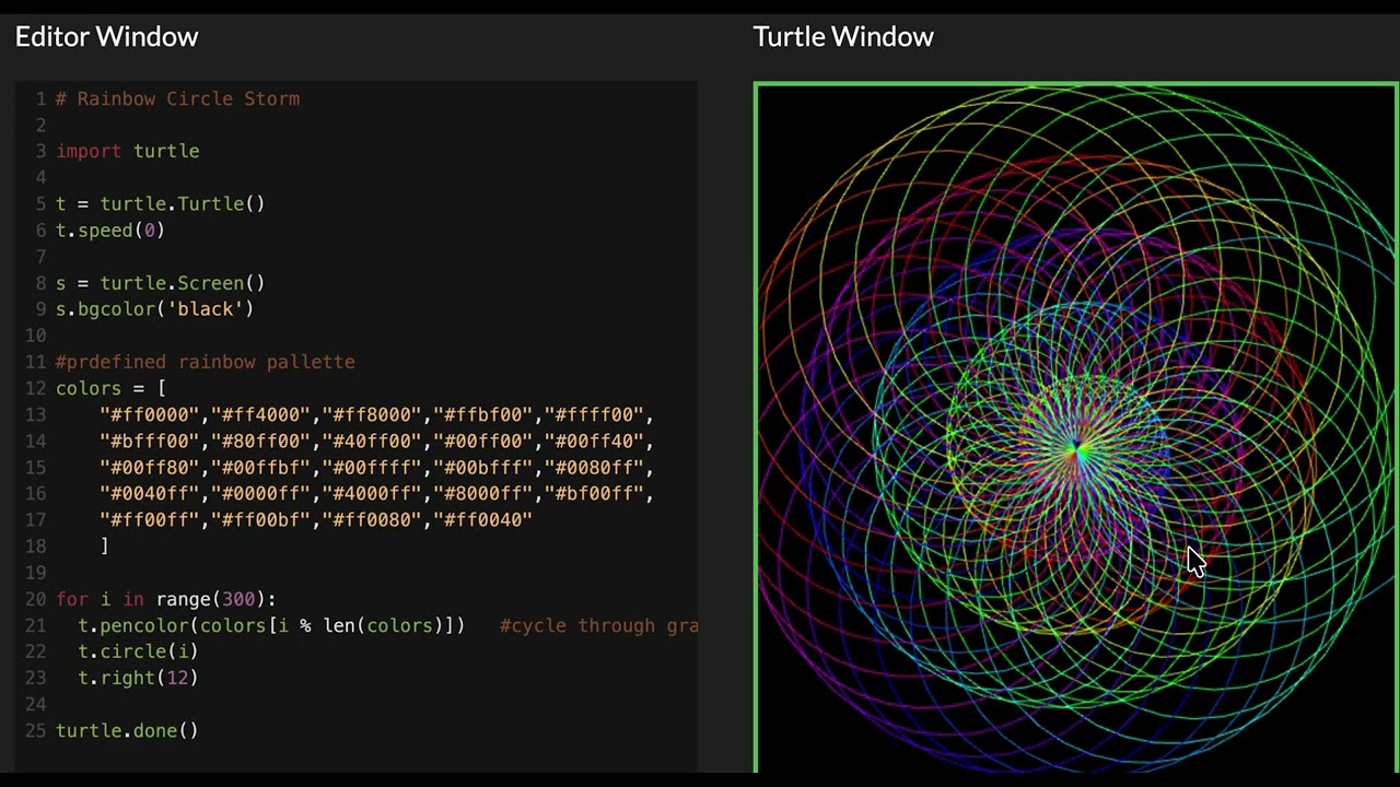 Rainbow Circle Storm in python turtle - cycle through gradient