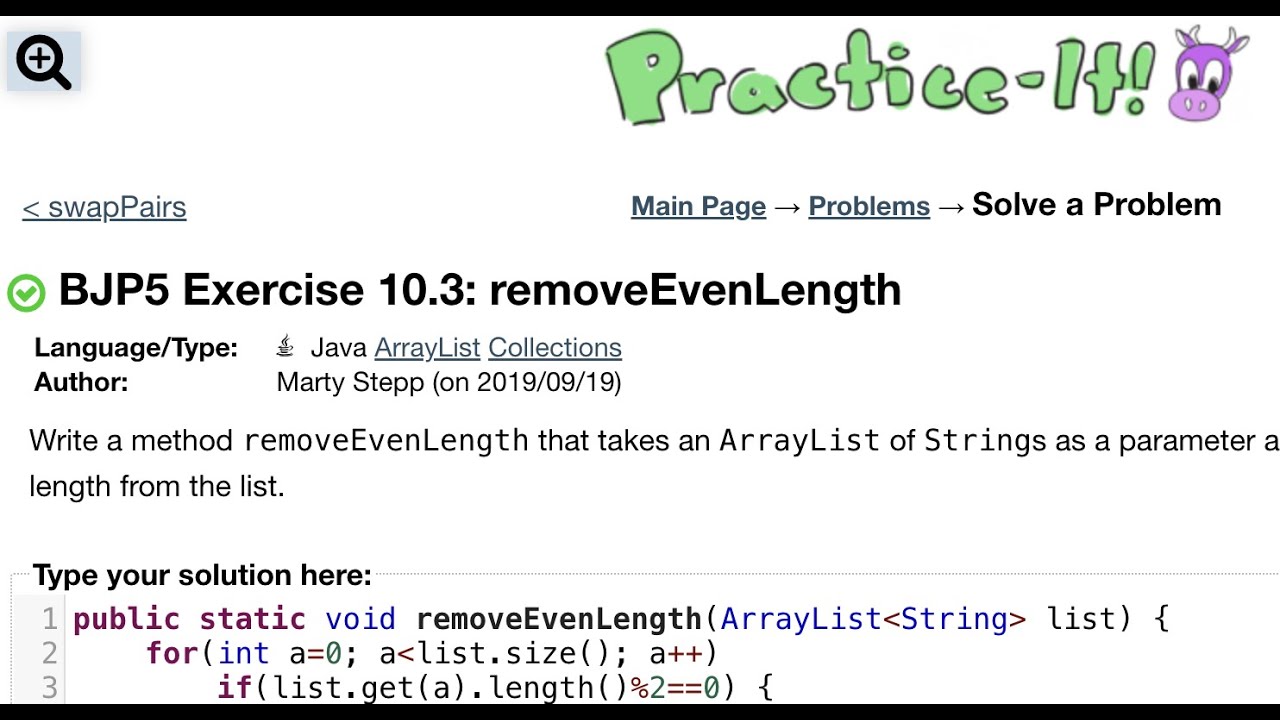 Java Practice It | Exercise 10.3: removeEvenLength | ArrayList, collections, array list