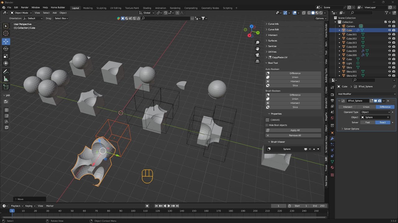 Videoguide - Union, Subtraction, Intersection, Slice, Boolean Operations with Bool Tool in Blender