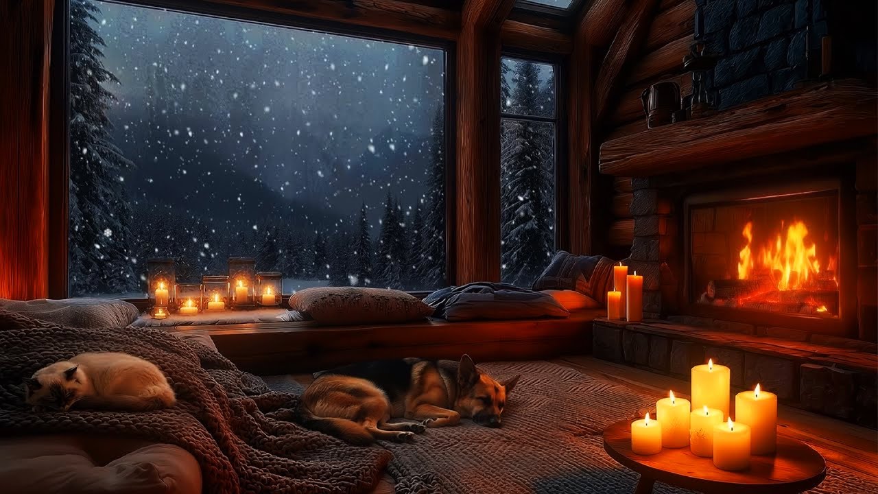 Cozy Winter Cabin ❄️ Fireplace Crackle & Gentle Snowfall with Sleeping Pets 🐾