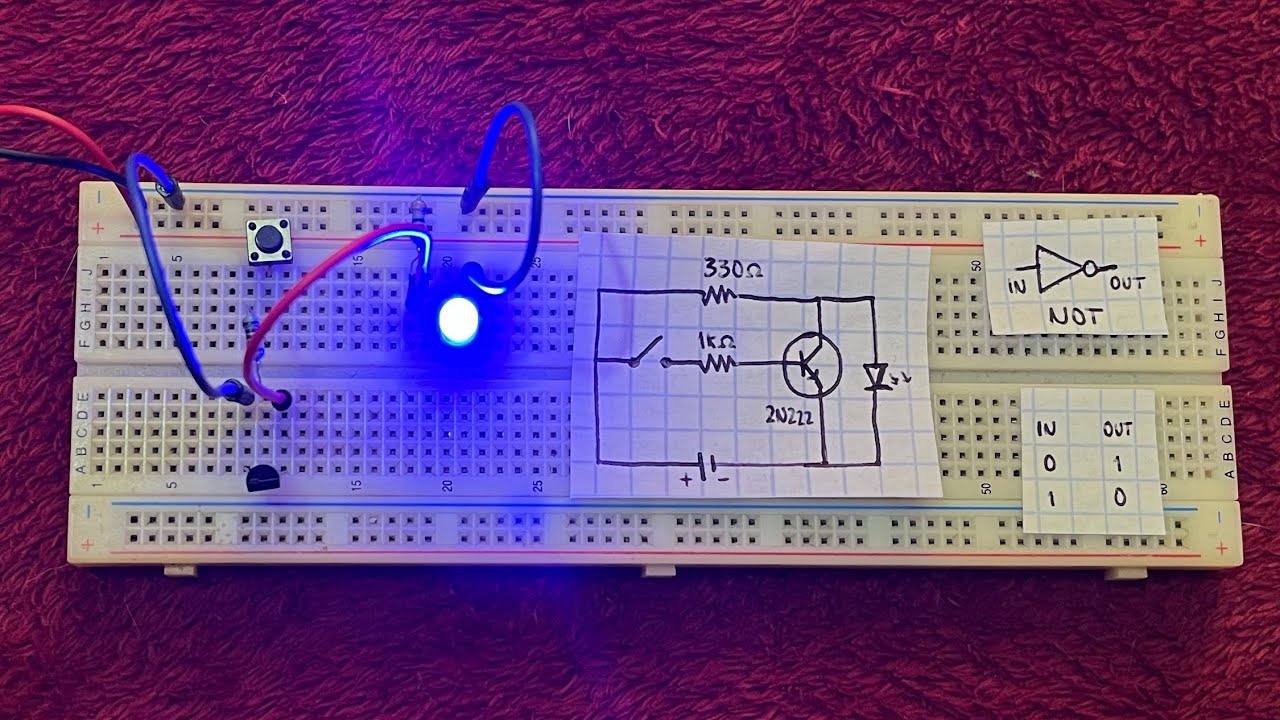 NOT gate with transistor on a breadboard | How a NOT gate works | How to make a NOT gate