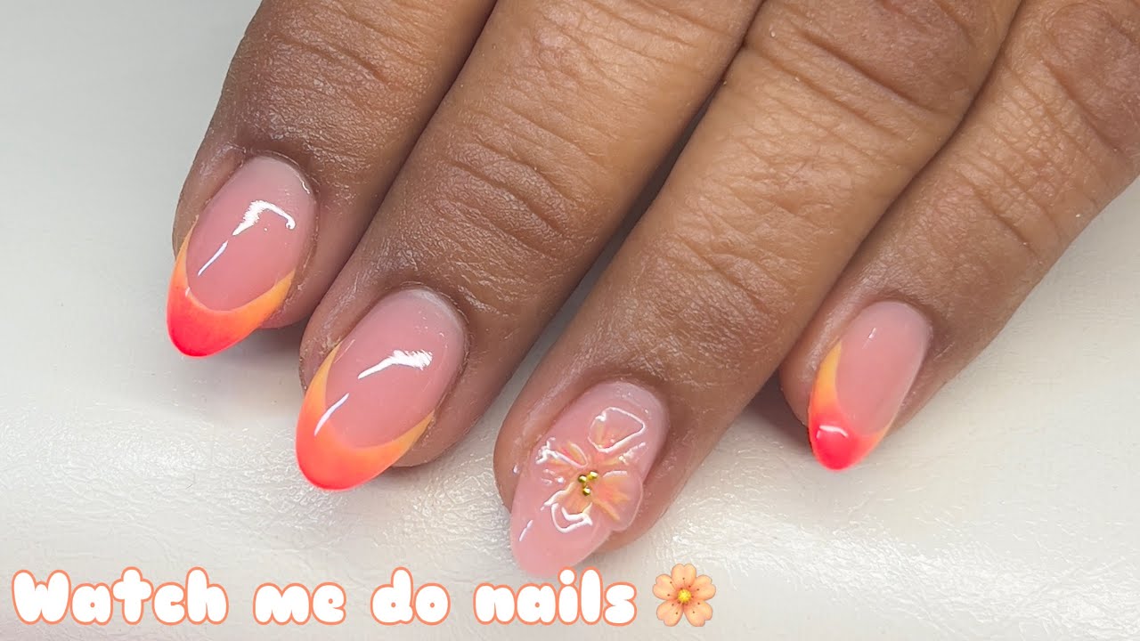 Ombré French Tip & 3D Flower ~ Short Almond Nails ~ Acrylic Nails Tutorial