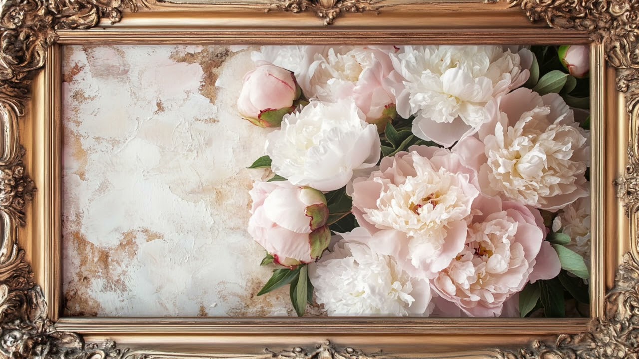 Gold Vintage Frame Wallpaper Art | Pink White Watercolor Flowers Peonies, TV Display Screensaver HD