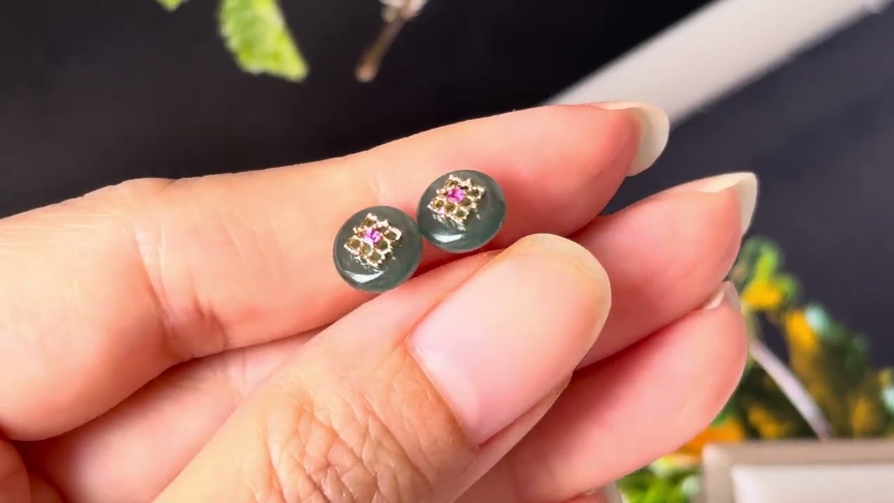 Icy A-Grade Natural Deep Indigo Jadeite Donut Peranakan Tile Stud Earrings No. 180940