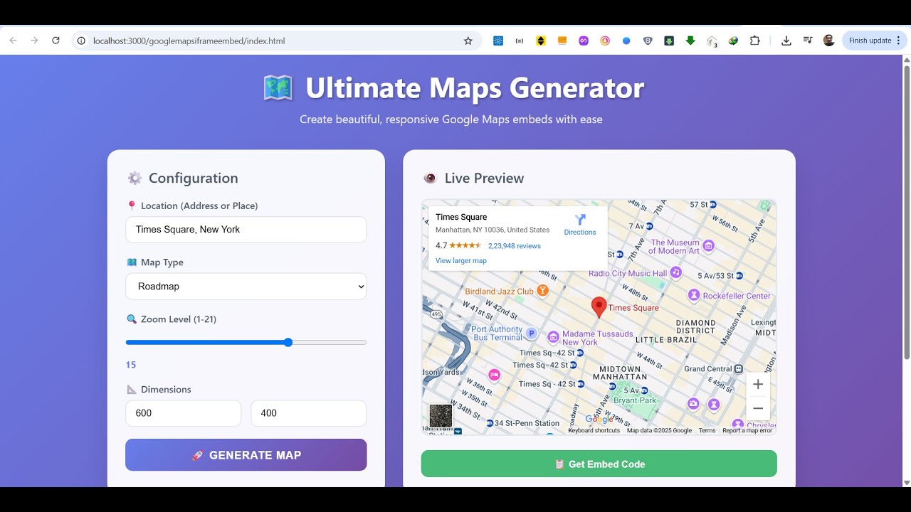 Build a Google Maps IFrame HTML Embed Code Generator Tool in Browser Using HTML & JavaScript