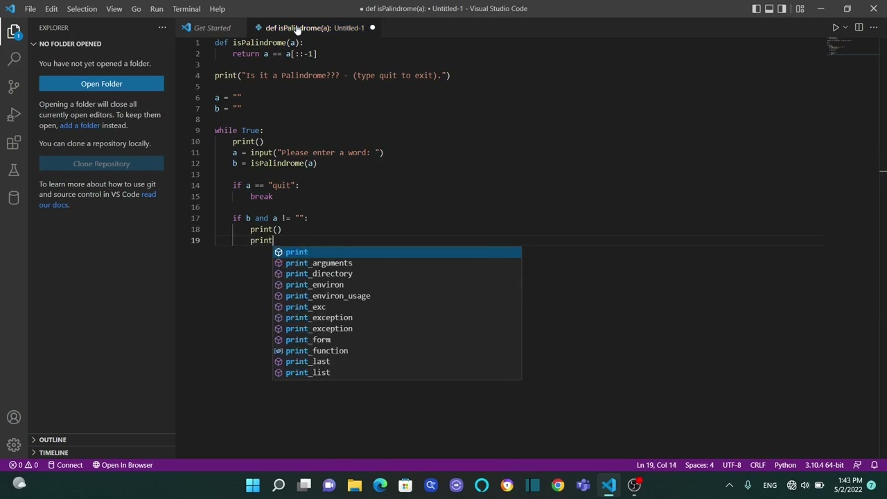 How to create palindrome detector Python program with Visual Studio Code