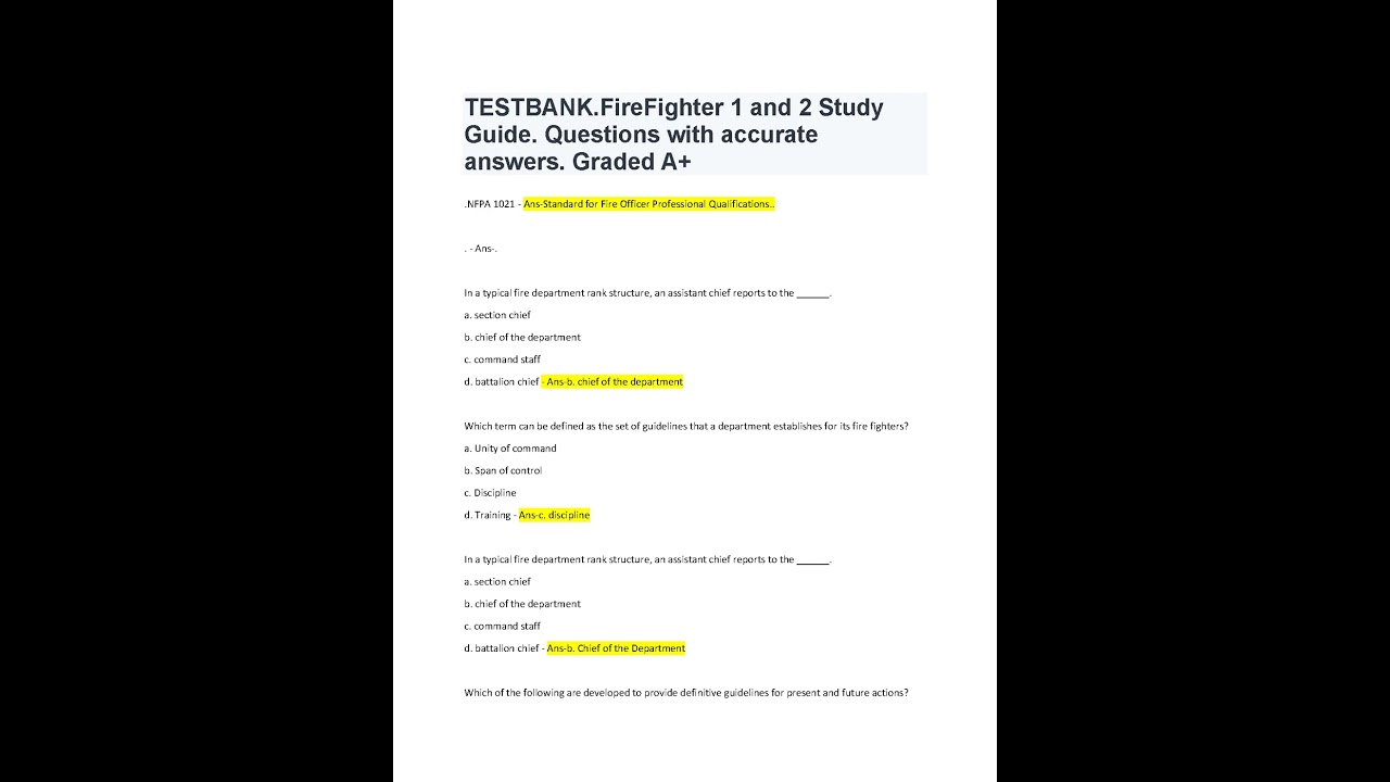 TESTBANK FOR Fire Fighter 1 and 2 Study Guide. Questions with Accurate Answers. Graded A+ 2023/2024