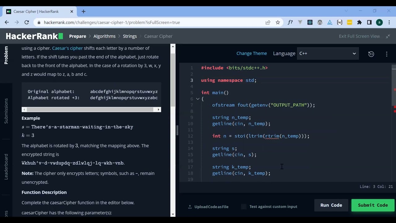 HackerRank : Caesar Cipher