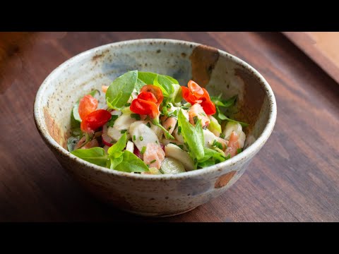 Cattail Rhizome Salad with Smoked Trout and Chickweed