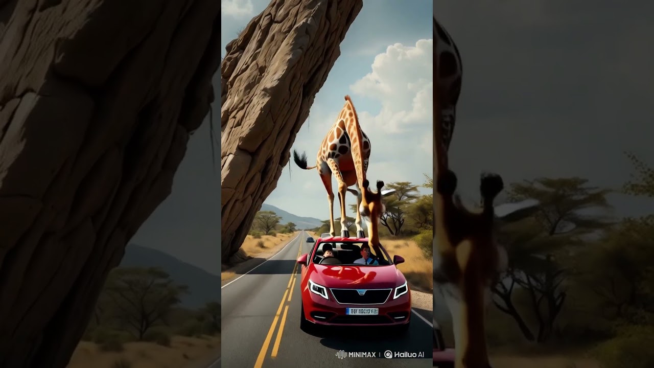 A giraffe is jumping down from large rock