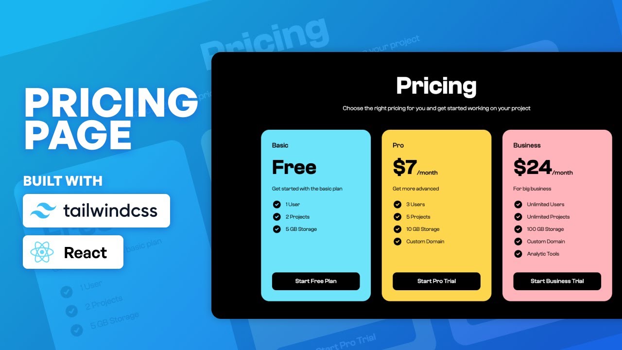 Tailwind CSS & React Pricing Page / Table | Speed Code + Source Code