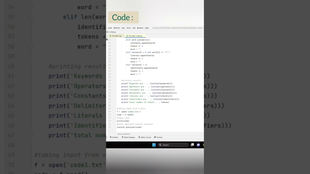 Lexical Analyser Python code