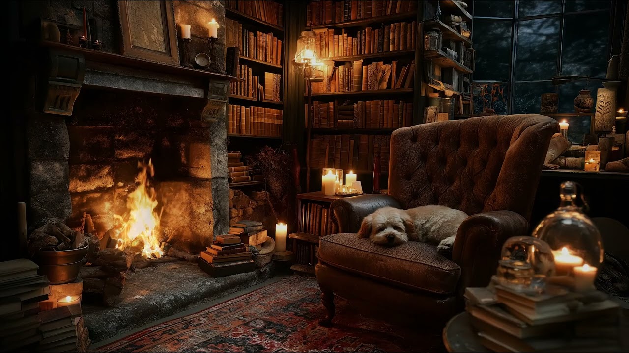 Warm Library with Fireplace and Leather Armchairs – Fire Crackling for Calm, Focus, and Sleep
