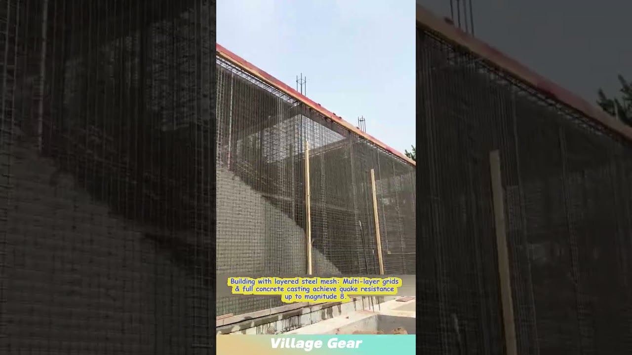 House construction: Layered steel mesh & full concrete casting for strength & aesthetics!