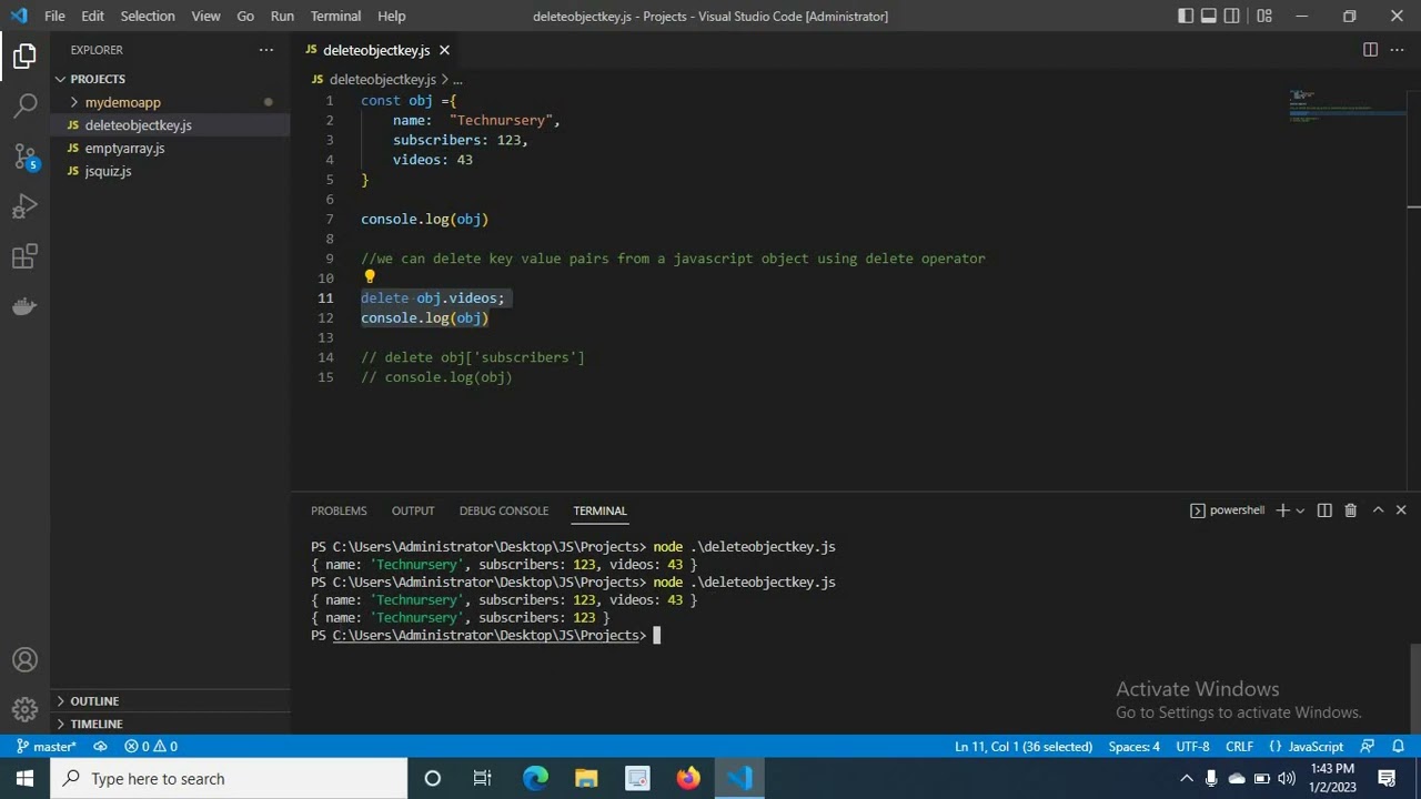 How to delete key value pairs from a Javascript object using delete operator delete  key from object
