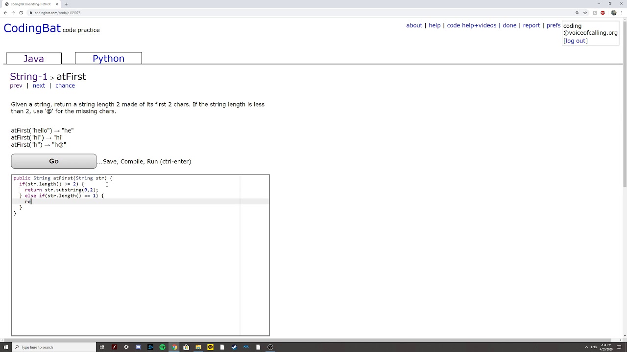 String-1 (atFirst) Java Tutorial || Codingbat.com