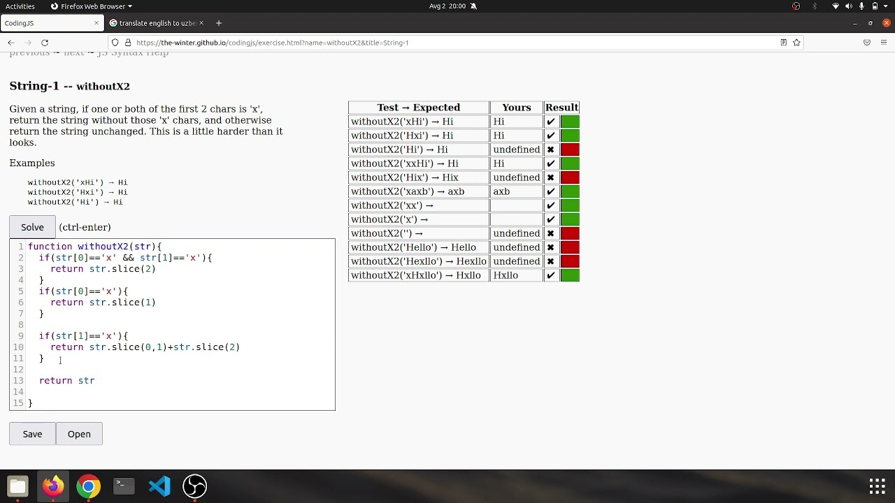 String 1 withoutX2  Javascript solution