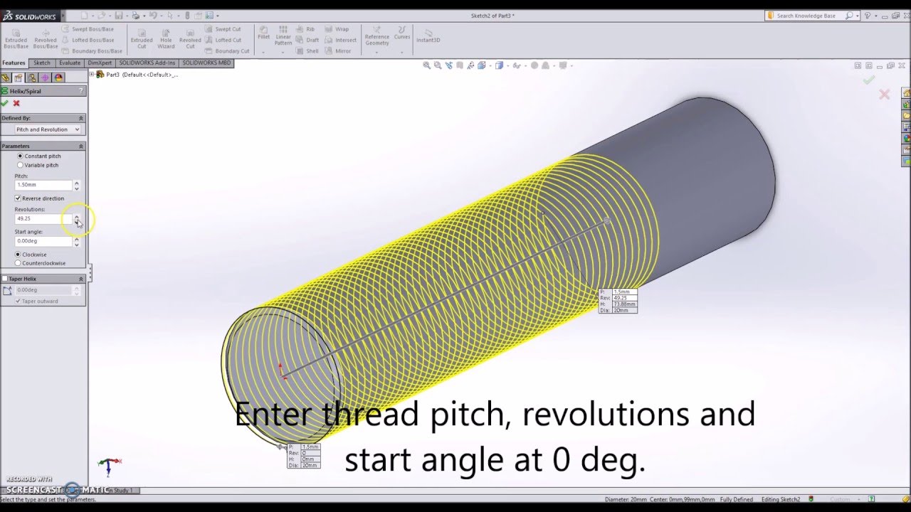 Solidworks/Swept Cut #4 Drawing Thread/Threaded Rod or Bolt