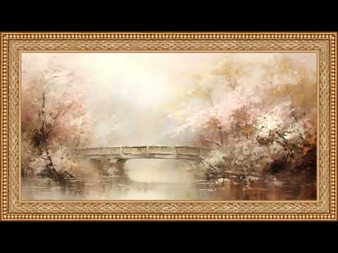 Sakura Flowers By the Bridge Landscape Impressionist Oil Painting | Framed Art Screensaver for TV